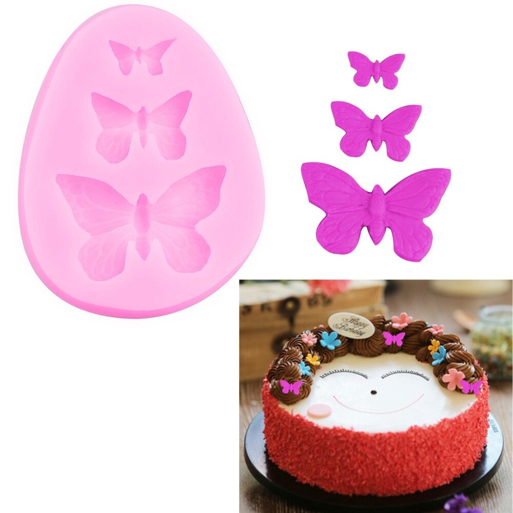 Горячая 3D силиконовая форма для выпечки в форме бабочки, 3 полости для мыла, конфет, шоколада, льда, торта