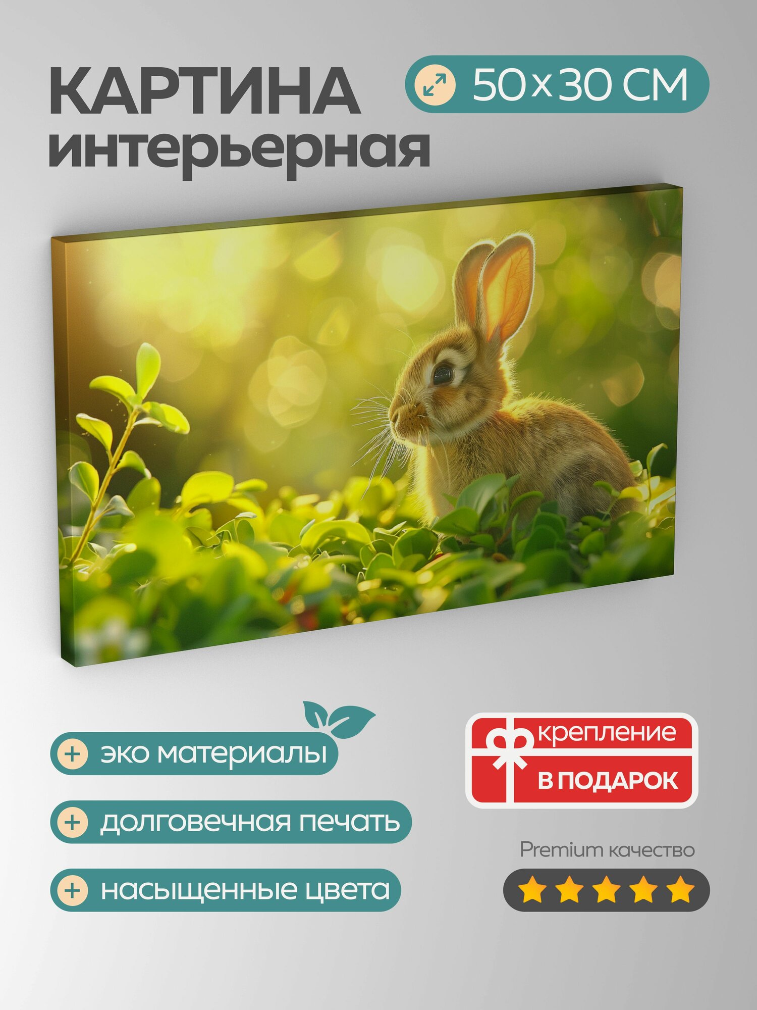 Картина на холсте интерьерная 50х30 см, Кролик, трава, солнечный свет, разрешение, идиллическая сцена, подстилка