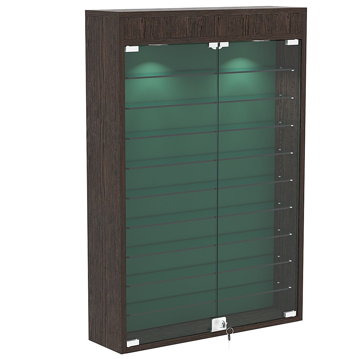 Настенная витрина с бархатом серии барон №2-3А (девять полок), Дуб Венге + 10 Green