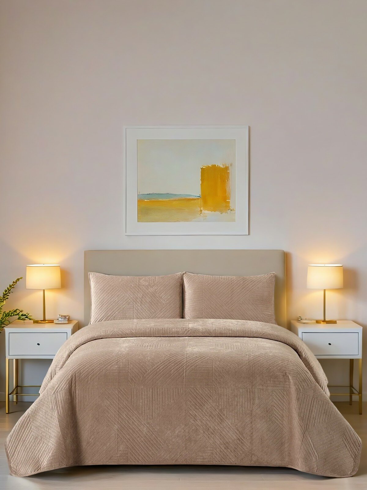 Велюровое покрывало Cleo VELLUTO евро макси 230х250, покрывало на кровать и диван с двумя наволочками, бежевое