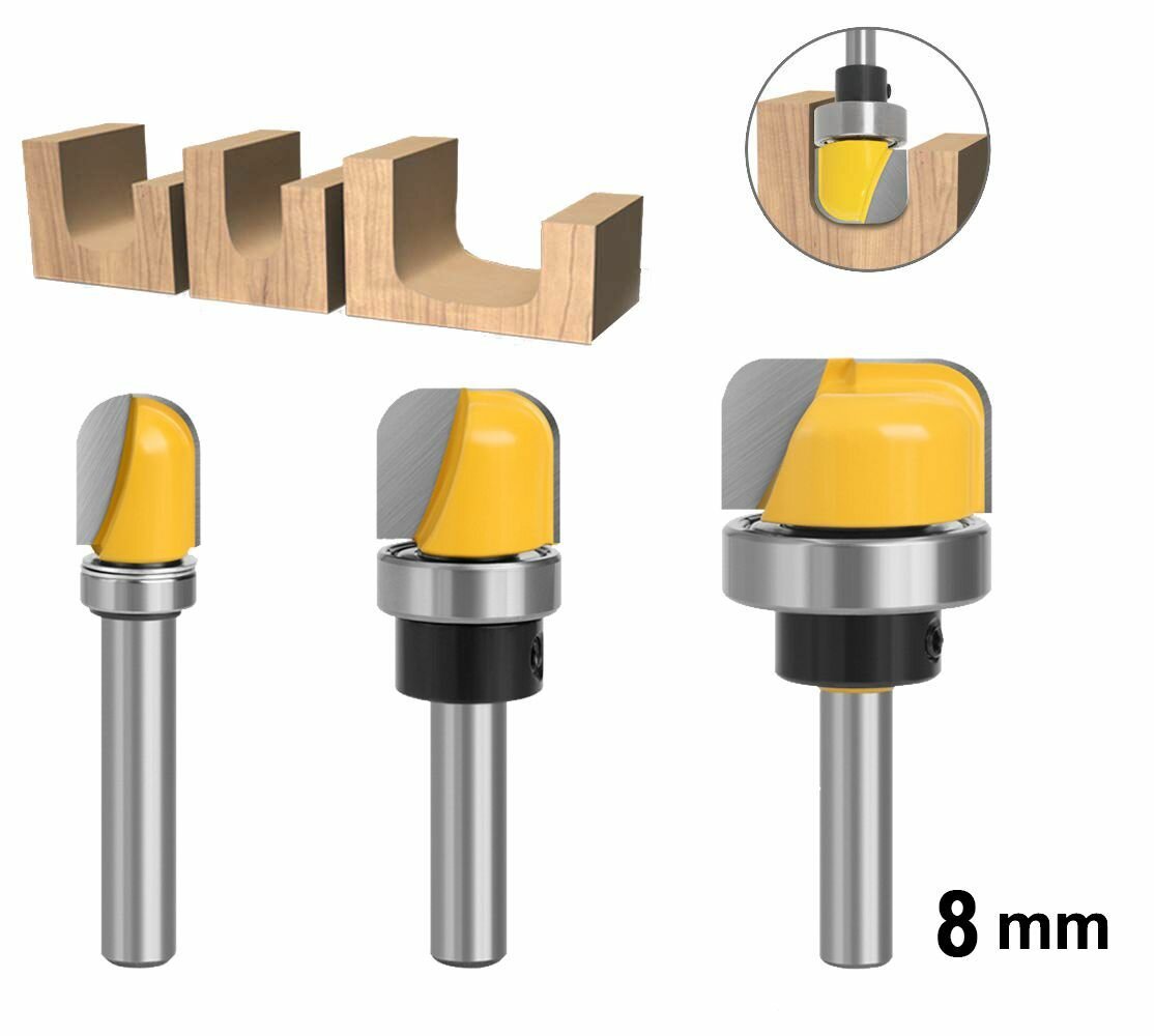 Фреза круглая, фреза по дереву для изготовления чаш, менажниц, хвостовик 8 мм, 3 шт