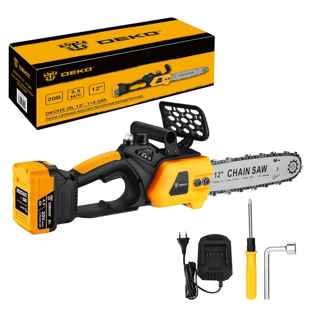 Пила цепная аккумуляторная бесщеточная DEKO DKCHS 20, 12", 20В, 1x4.2Ач, з/у 083-2021