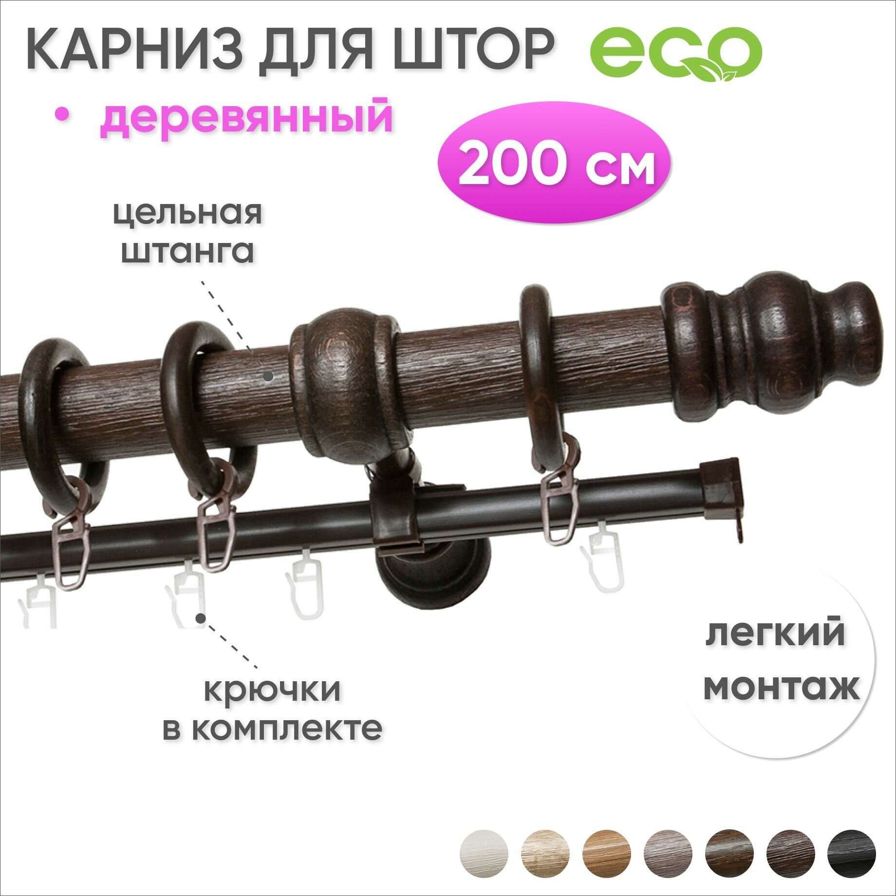 Карниз для штор и гардин двухрядный настенный деревянный Темный орех 200 см
