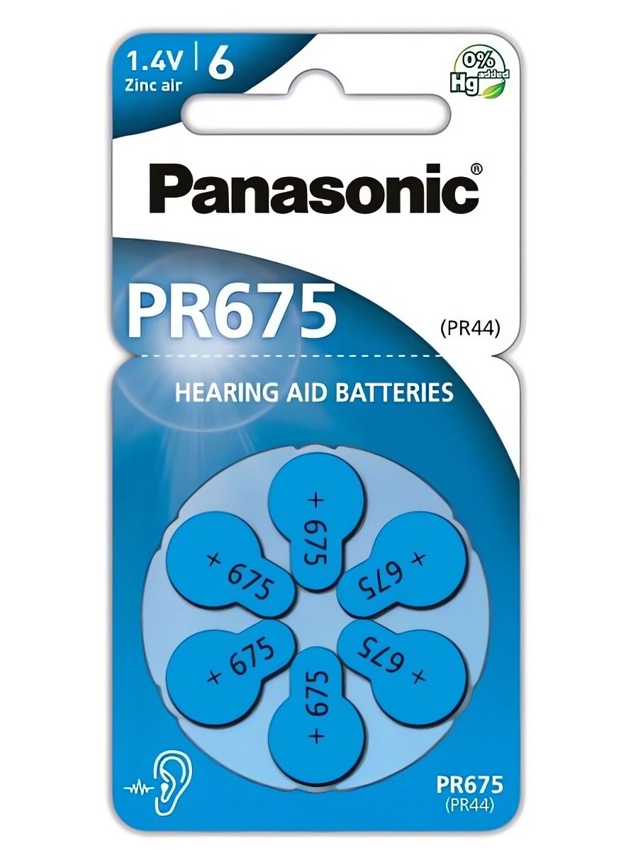 Батарейка Panasonic Zinc-Air PR675 BL6, PR-675(44)/6LB (напряжение: 1,4 В, емкость: 605 мА·ч)