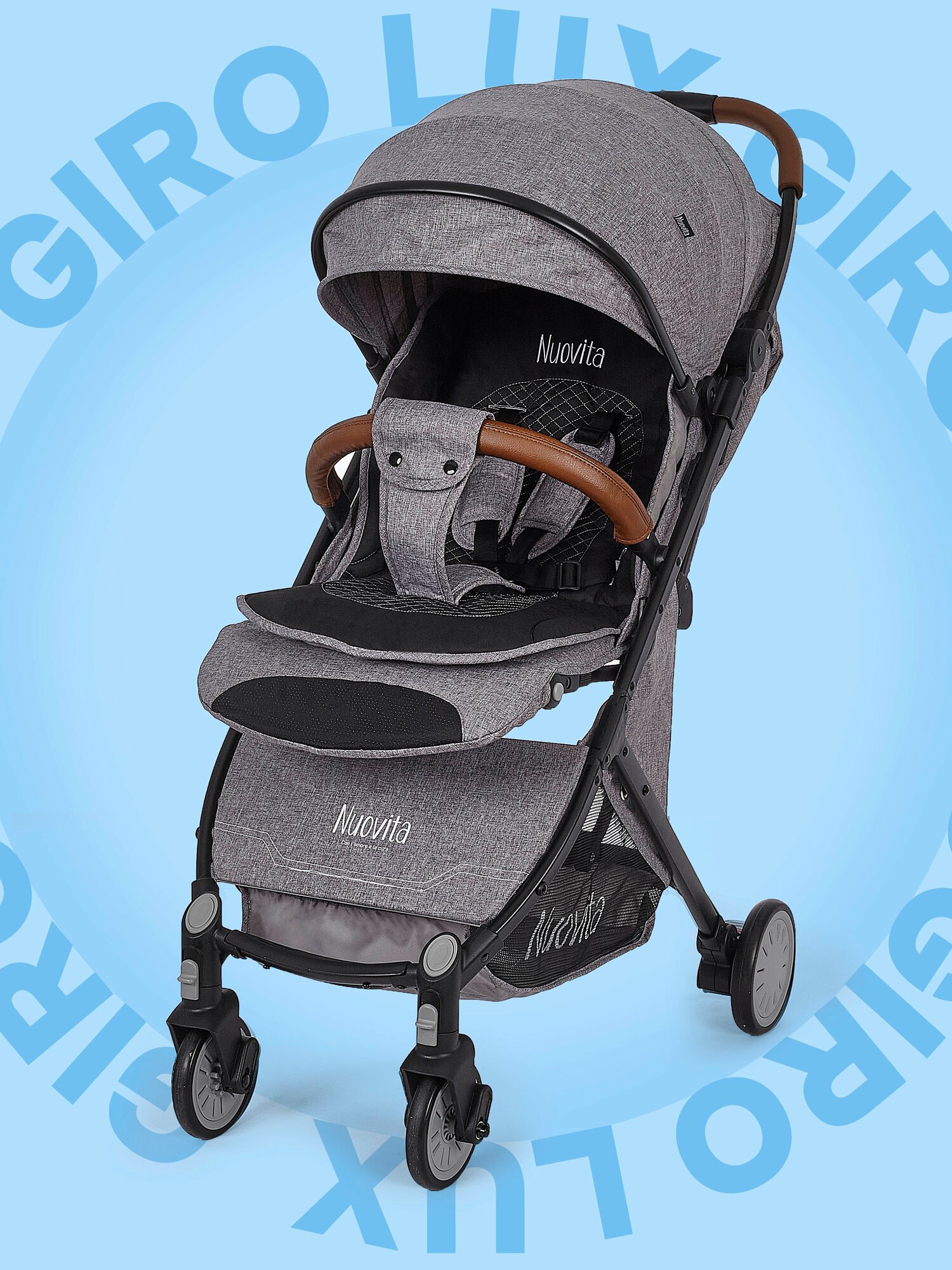 Коляска прогулочная детская Nuovita Giro Lux , складная, сумка-чехол в комплекте (Серый, Черный)