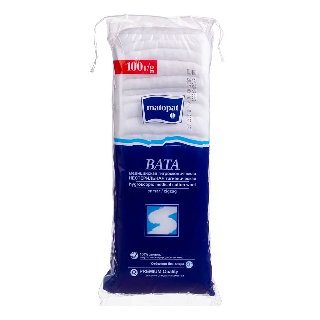 Вата Матопат медицинская гигроскопическая хирургическая нестерильная Зиг-Заг 100 г 1 шт