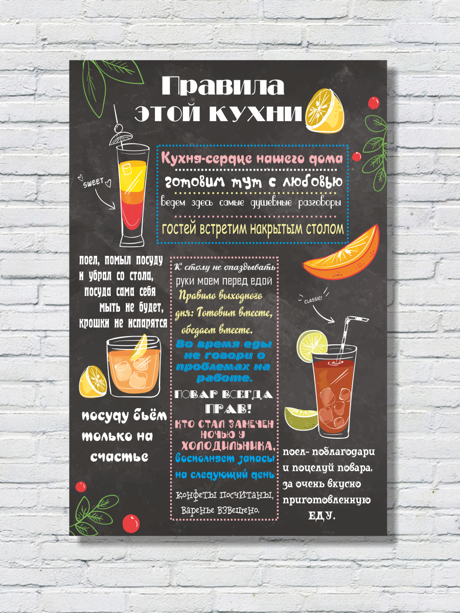 Постер на натуральном холсте "Правила нашей кухни" 40х60 см / Правила дома / Картина в подарок / Подарок для дома