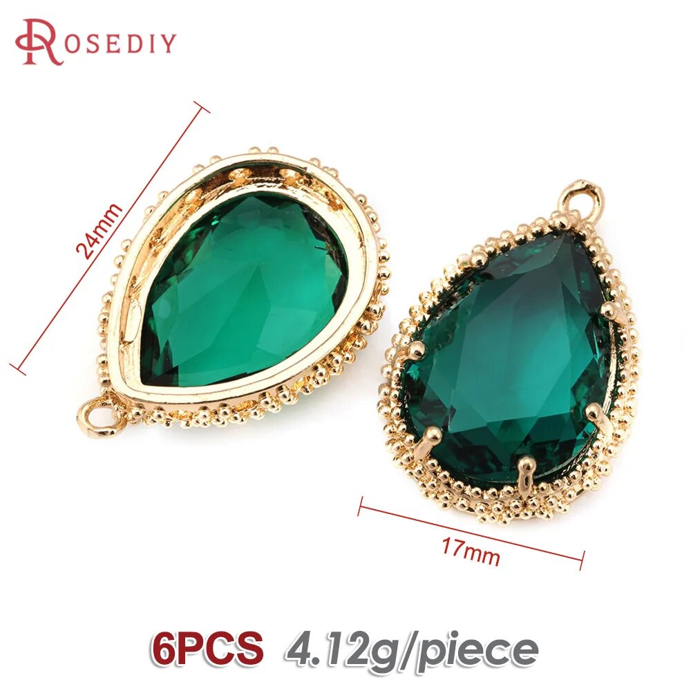 Подвески-капельки Rosediy латунь и стекло 18к золото 6 шт Зеленый, 48656-Green
