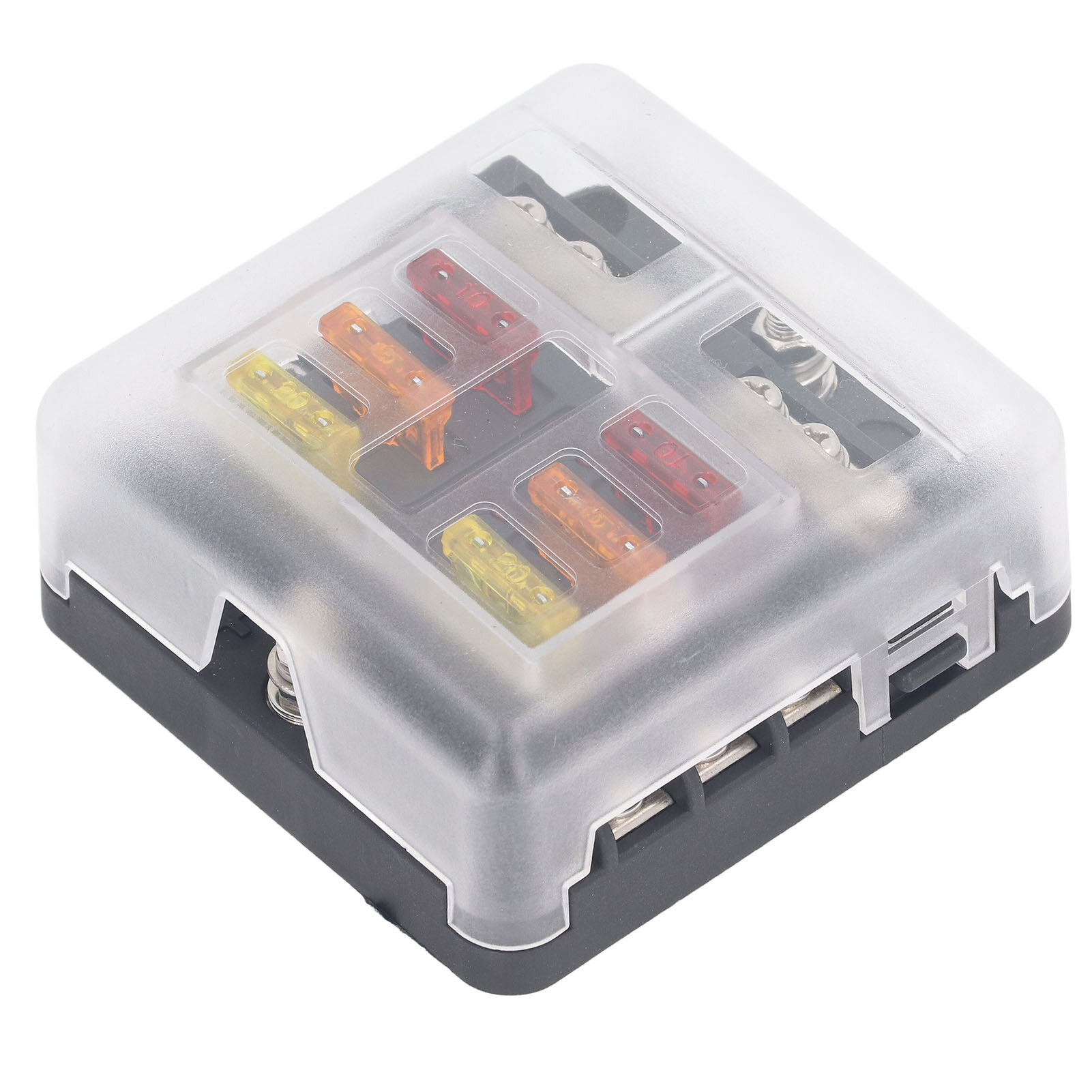 Блок предохранителей 6 каналов ATC ATO с огнеупорным корпусом, светодиодным индикатором, водонепроницаемый, 12V-24V ПП, для автомобилей, домов на колесах, яхт, автобусов; в комплекте 16 предохранителей (4х5А, 4х10А, 4х15А, 4х20А), 2 наклейки, 4 винта