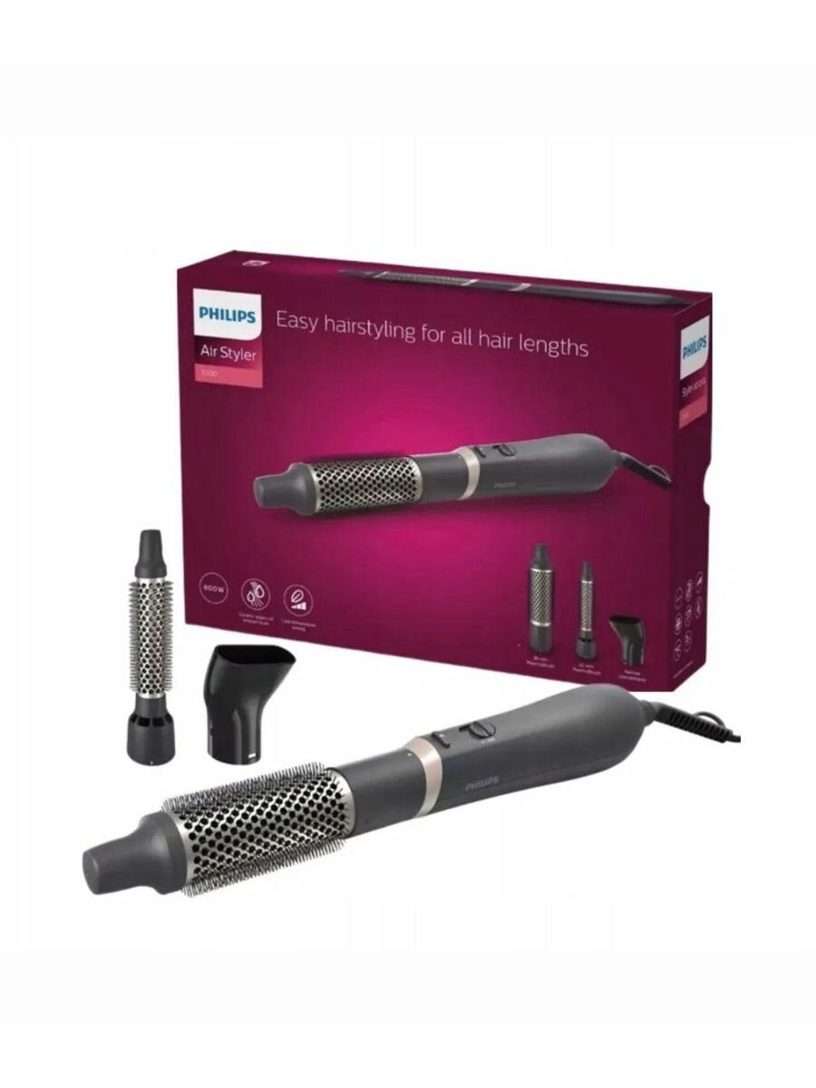 Philips Фен-щетка для волос BHA301/00 800 Вт, скоростей 2, кол-во насадок 3, черный