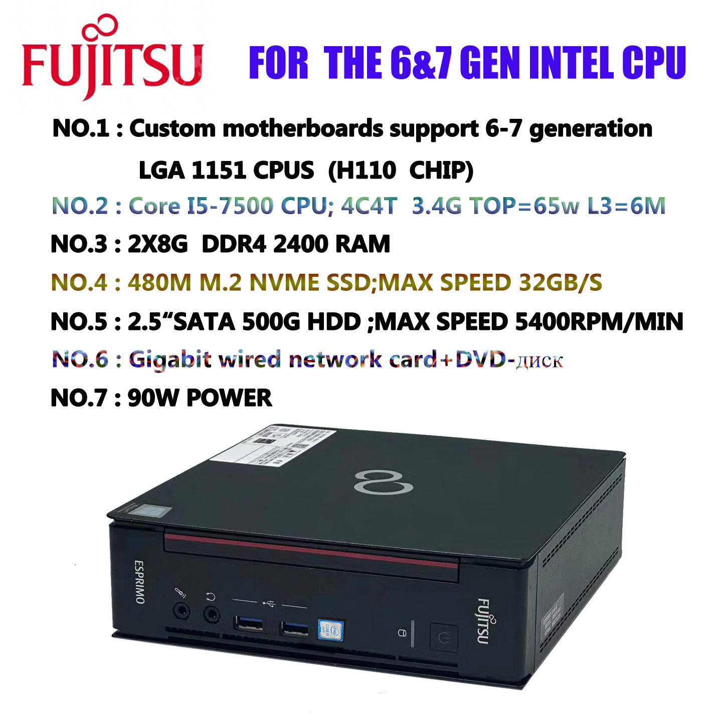 FUJITSU Esprimo Q556/R (H110 CORE i5-7500 CPU+2x8 г DDR4 2400 Оперативная память + 480 г M. 2 NVME SSD + 500 г HDD+DVD-диск) lga 1151 мини ПК intel