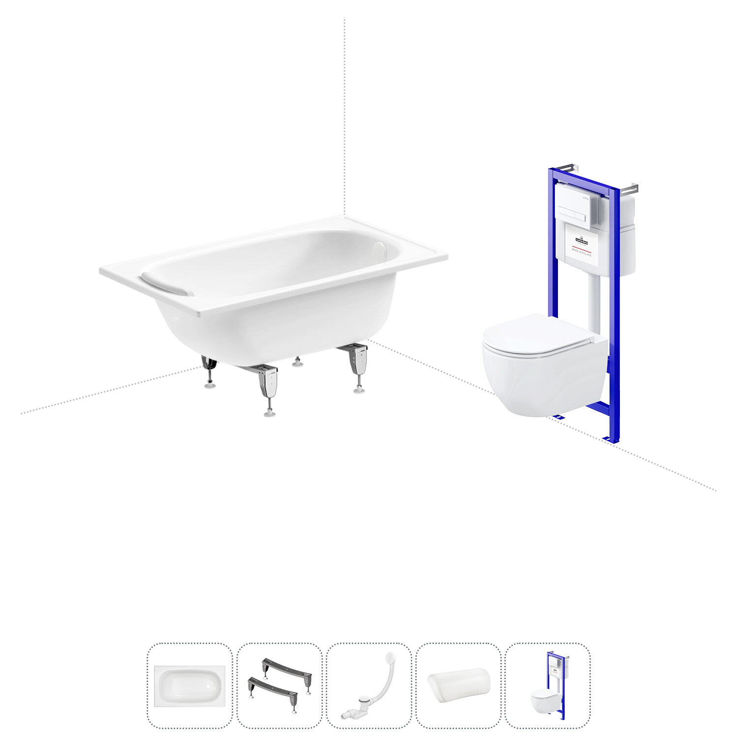 Стальная ванна 120х70 Sanitana BLB Europa 20220766R в наборе 5 в 1: металлическая ванна 120 х 70 см, ножки, слив-перелив, подголовник, инсталляция с унитазом