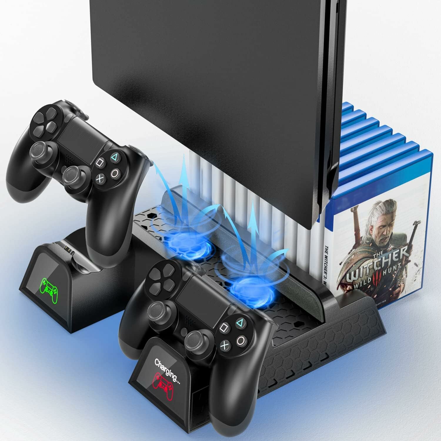 PS4 Cooling Stand Vertical для PS4/PS4 Slim/PS4 Pro с двойной зарядкой контроллеров, 12 слотами для игр, системой охлажденияи USB-портом