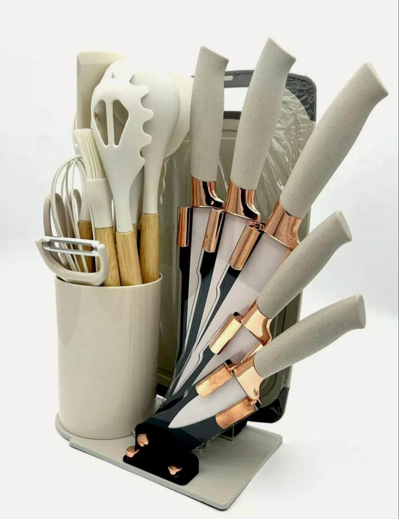 Набор кухонных принадлежностей, 20 элементов, деревянный и силиконовый, бежевый