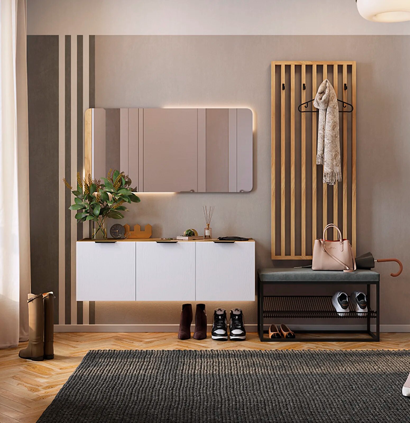 Прихожая «Бери К6», дуб крафт золотой/белое дерево (2000х350х1900)