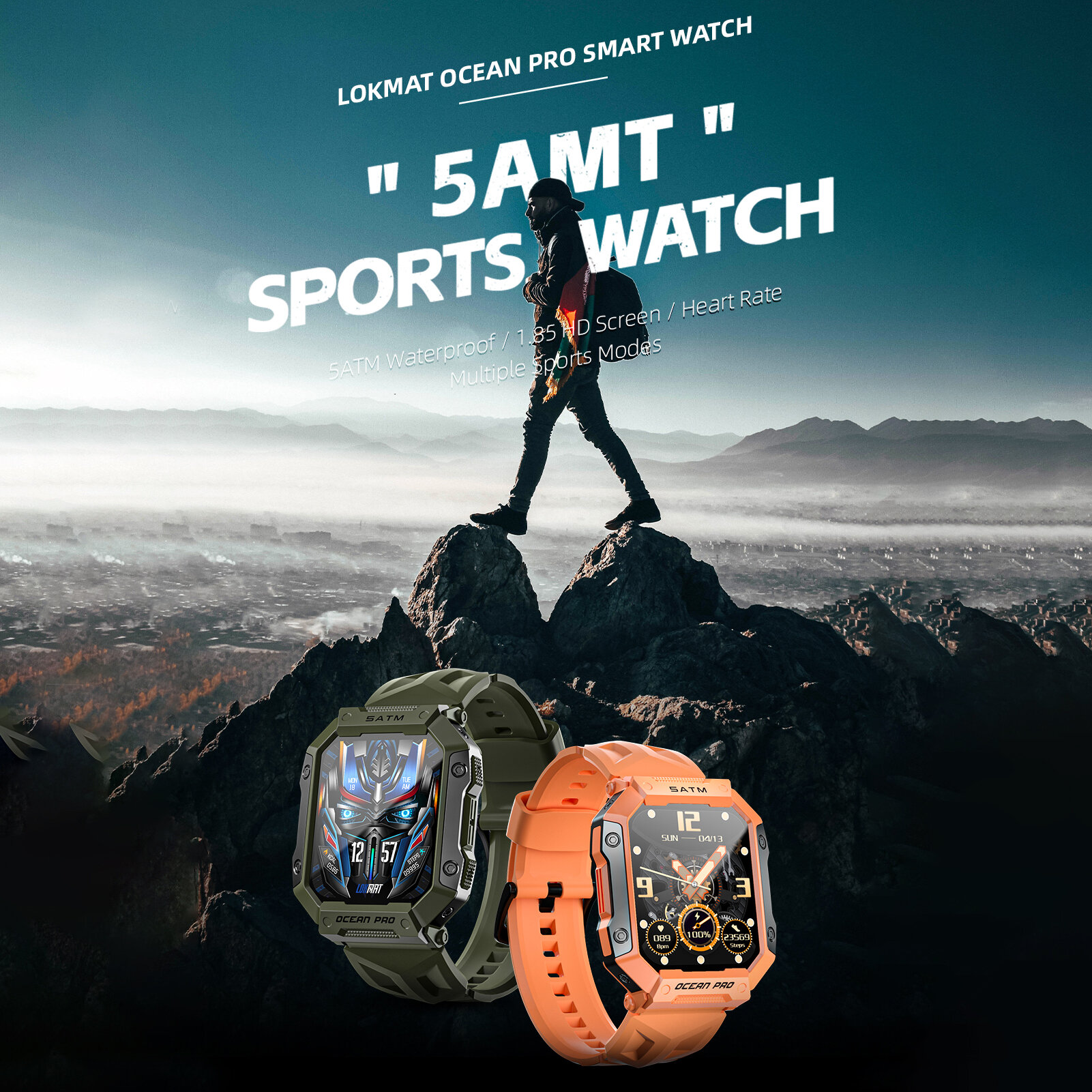 LOKMAT OCEAN PRO Smart Bracelet Sports Watch 1.85-Inch TFT LED FullTouch Screen Fitness Tracker IP68 Waterproof Sleep/Heart Rate/Blood Pressure Monitor Multiple Sports Mode Notification/Call/Sedentary Reminder Remote Camera Compatible with Android iOS