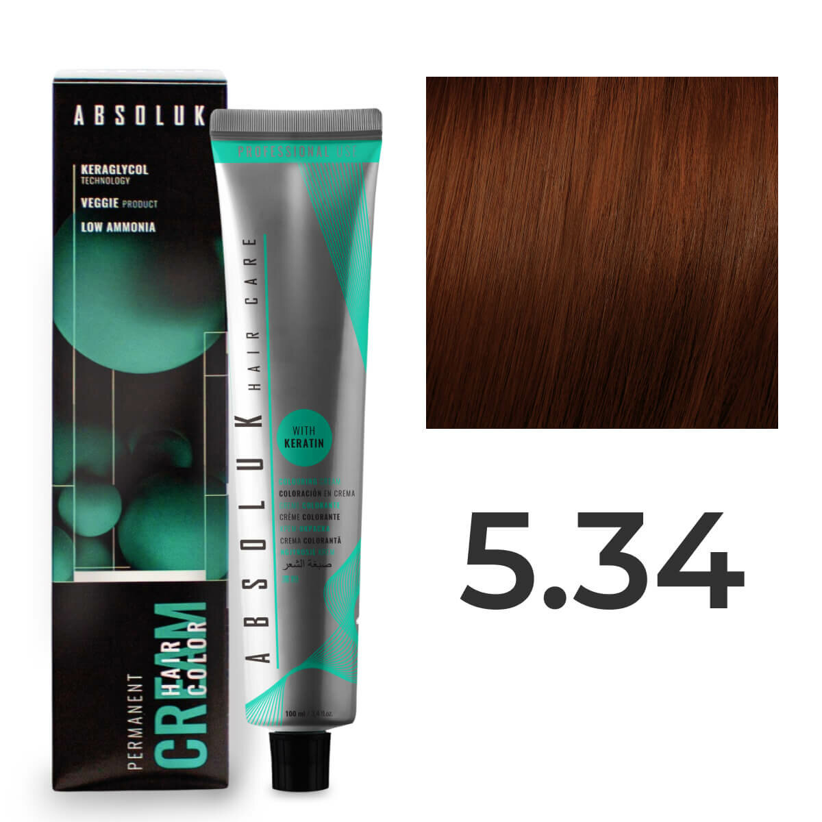 Перманентная крем-краска для волос Absoluk Hair Color Cream 5.34 Светлый каштановый Золотисто-медный, 100 мл