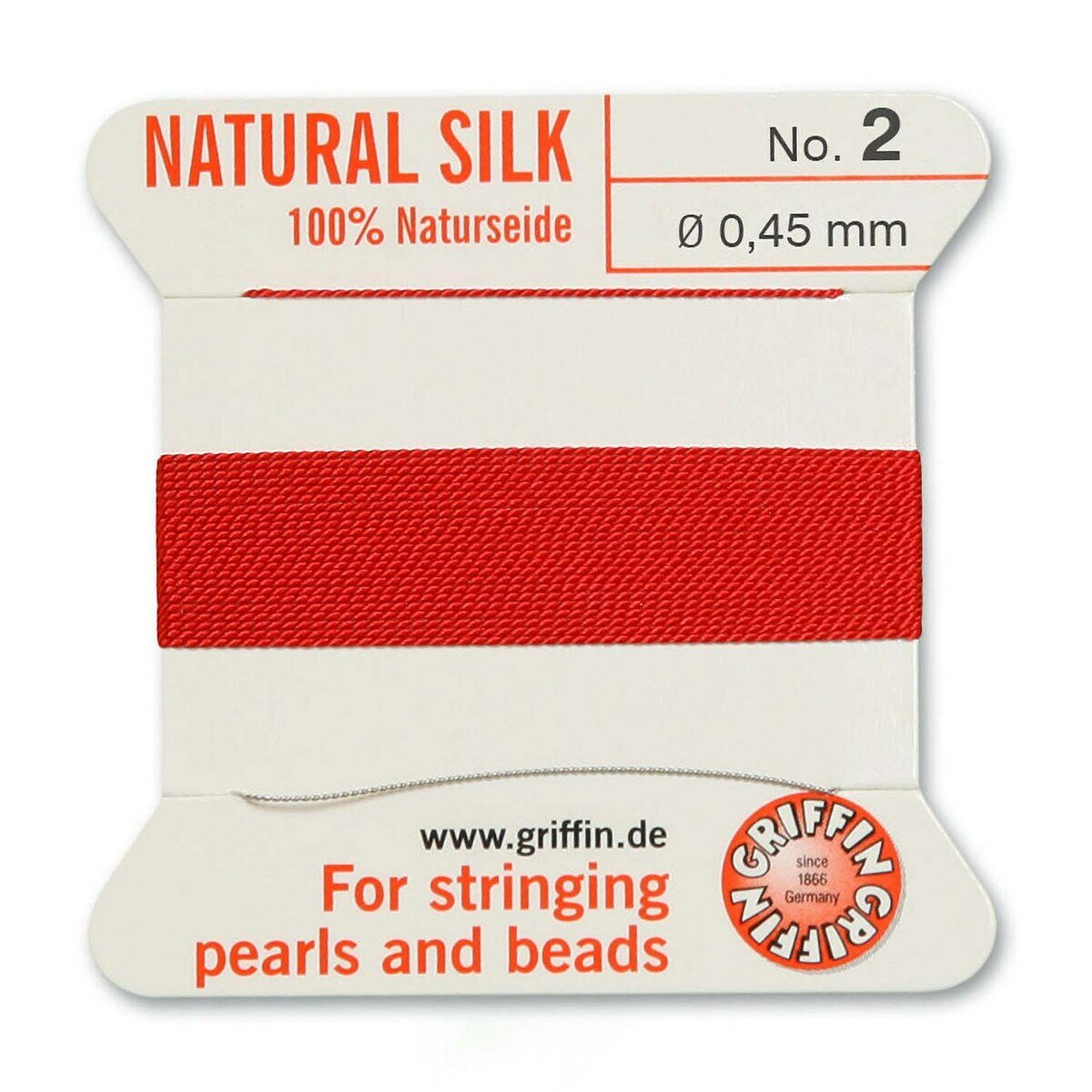 Нить шелковая, Griffin No.2 (0.45мм), красная, с иглой, моток, 2 метра