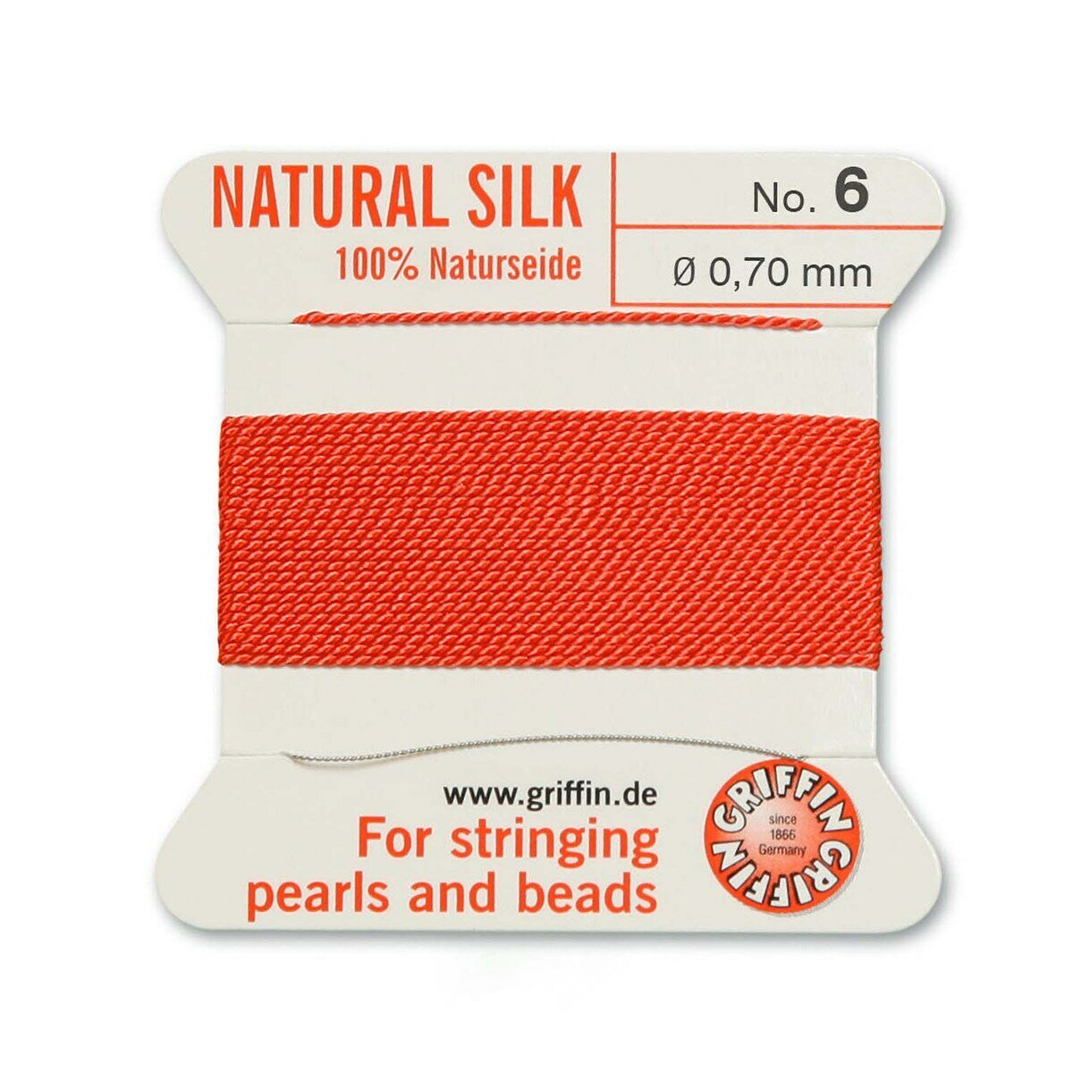 Нить шелковая, Griffin No.6 (0.7мм), кораллово-красная, с иглой, моток, 2 метра