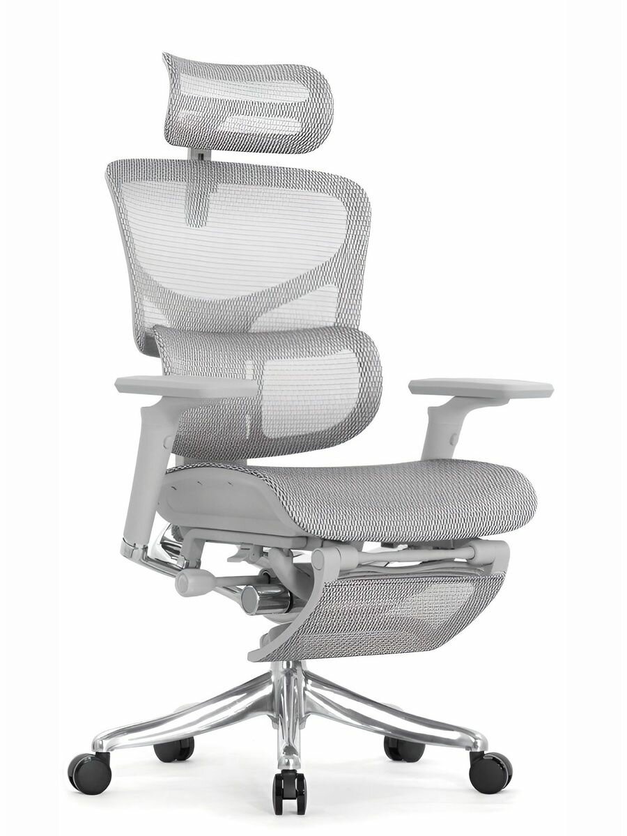 Кресло с подножкой FALTO PRO 2 (3D поясничный упор, подголовник 4D, сетка, каркас серый, белый)