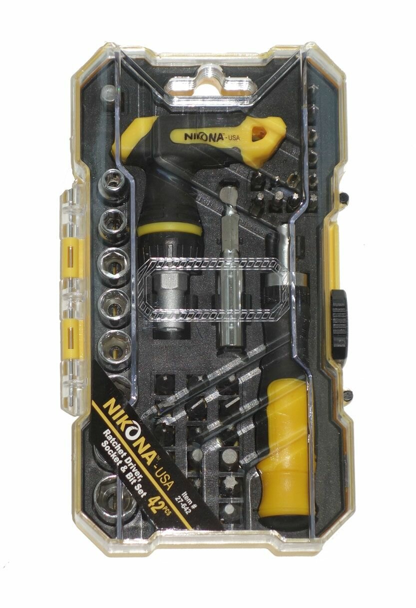 Набор бит и головок NIKONA с Т-образной реверсивной отверткой (42пр) 27-642