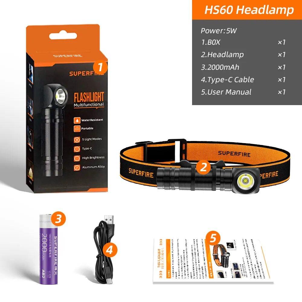 SUPERFIRE HS60 налобный фонарь HS60 Set 2000 mAh