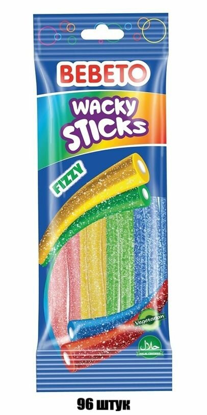 Bebeto Мармелад жевательный Wacky Sticks, вкус тутти-фрутти и ванили, 75 г, 96 шт