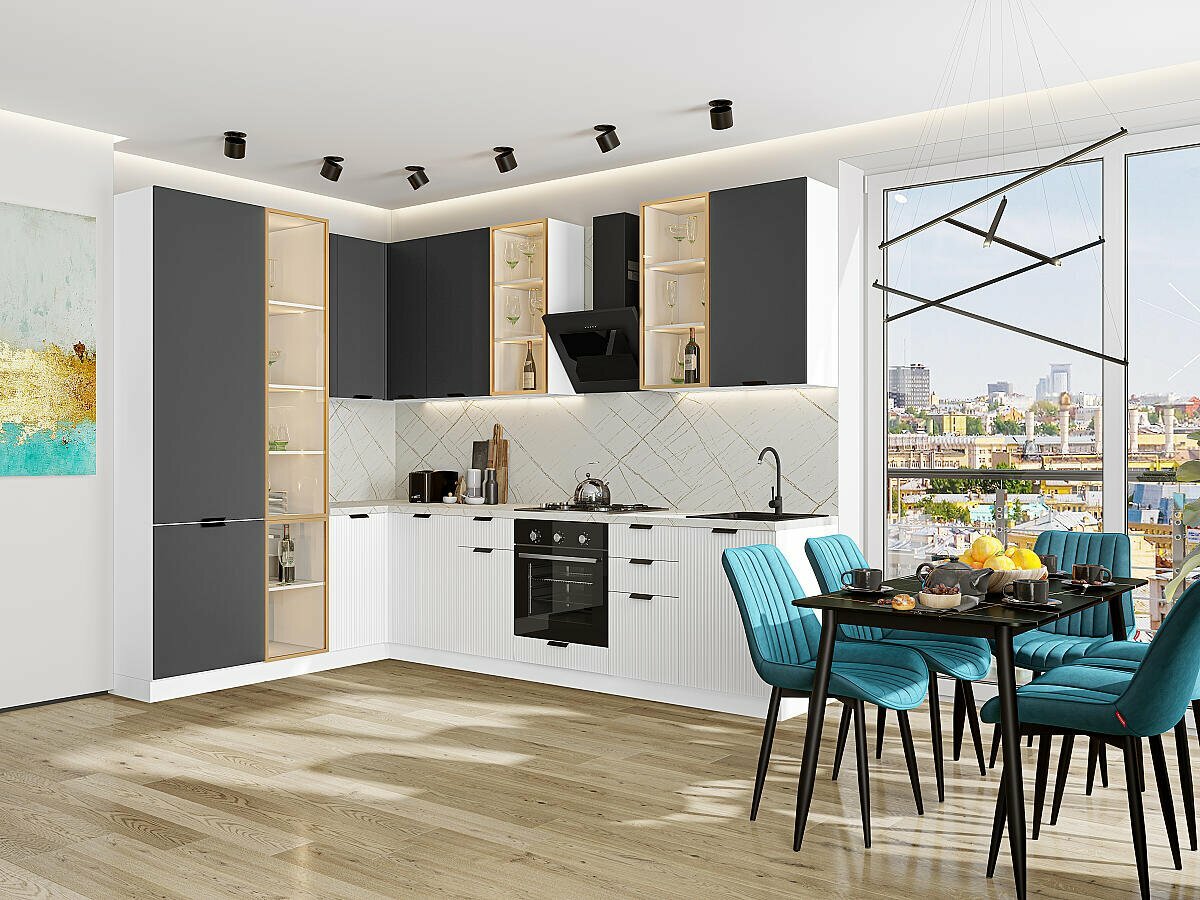 Кухня угловая 3 м. Евро Лайн-07, полки лдпс Готовый кухонный гарнитур 2340*2000-3000*600 Антрацит-Белый со столешницей