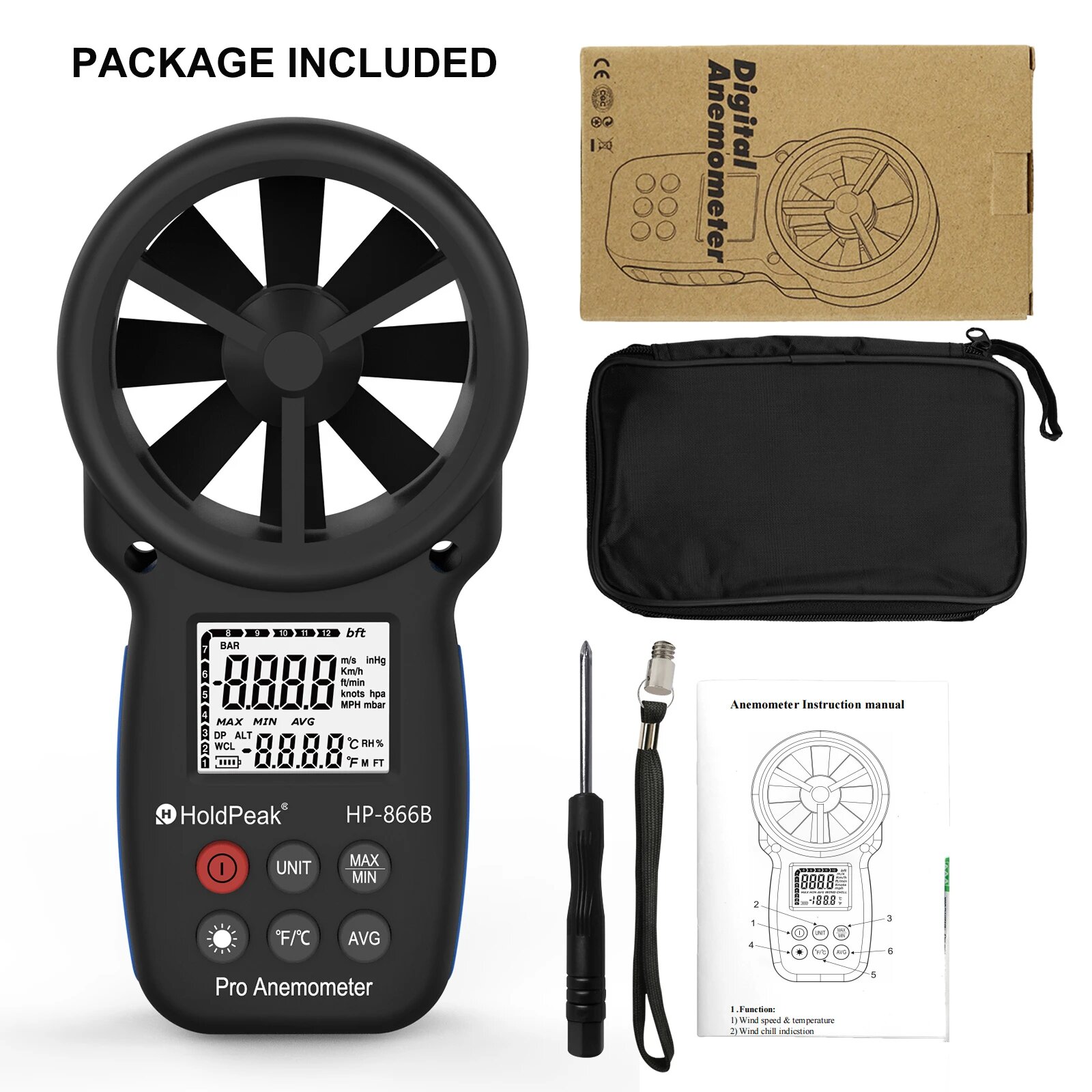 HOLDPEAK Анемометр HP-866B скорость и температура ветра