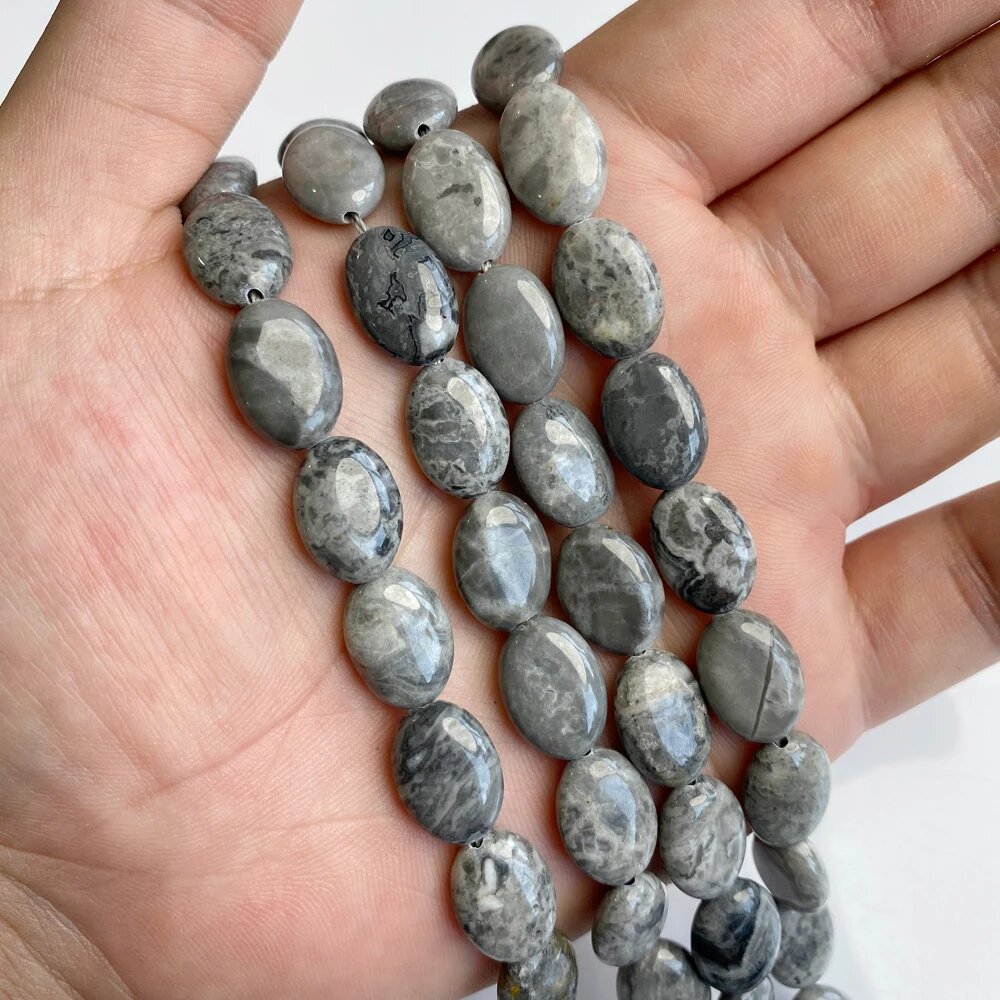 Плоские овальные бусины из натурального камня 10x13mm about 13pcs, Map Jasper