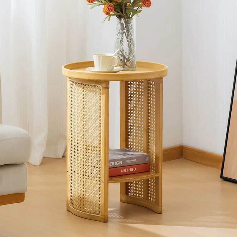 Круглый тумбочек из бамбука и ротанга для гостиной / спальни / балкона, прикроватная тумба, кофейный столик
