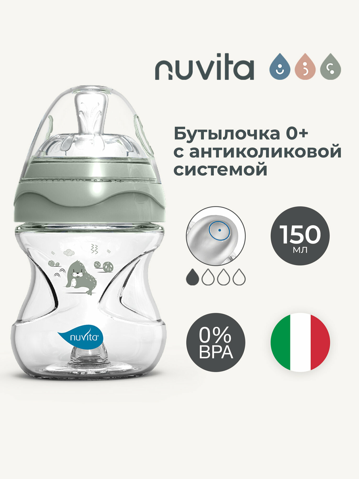 Бутылочка антиколиковая для кормления новорожденных Nuvita Materno Feel 150 мл, пластиковая, с медленным потоком, серо-зеленый