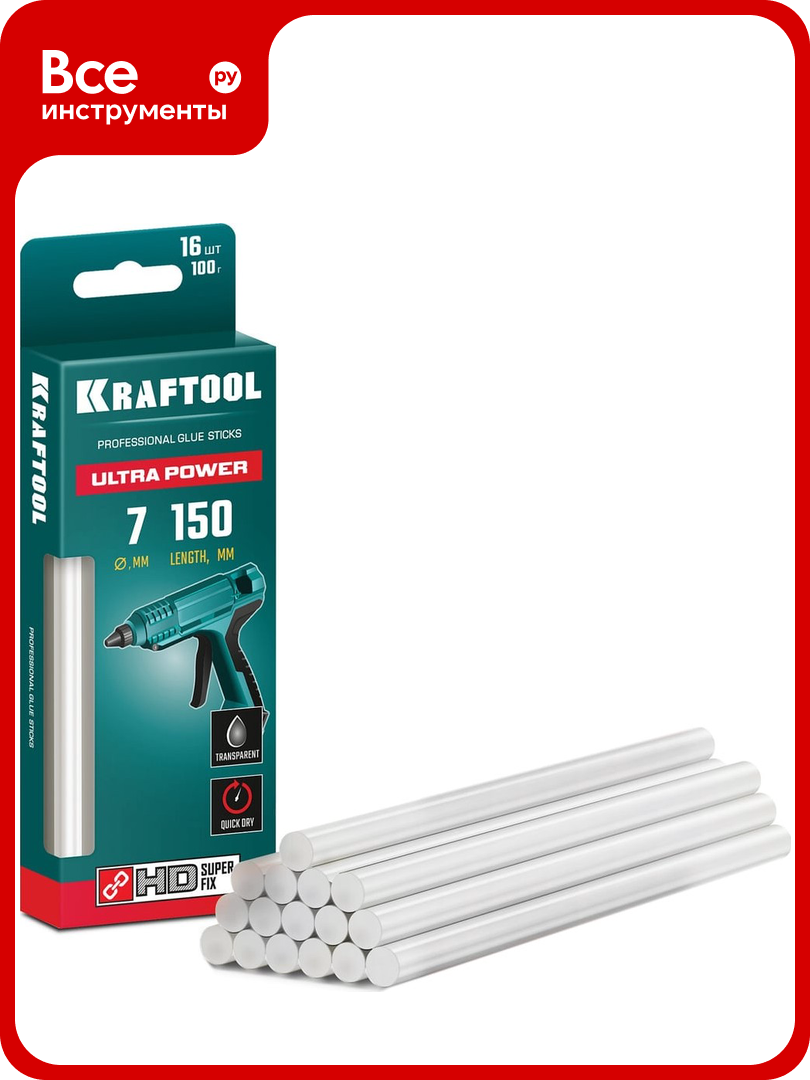 Ультрамощные прозрачные клеевые стержни KRAFTOOL Ultra Power 16 шт, 7x150 мм 06837-16, 150 мм