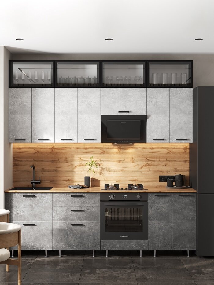 Кухонный гарнитур в потолок «Рио №4», 2400 мм, цвет бетон светлый/бетон тёмный/графит/дуб вотан