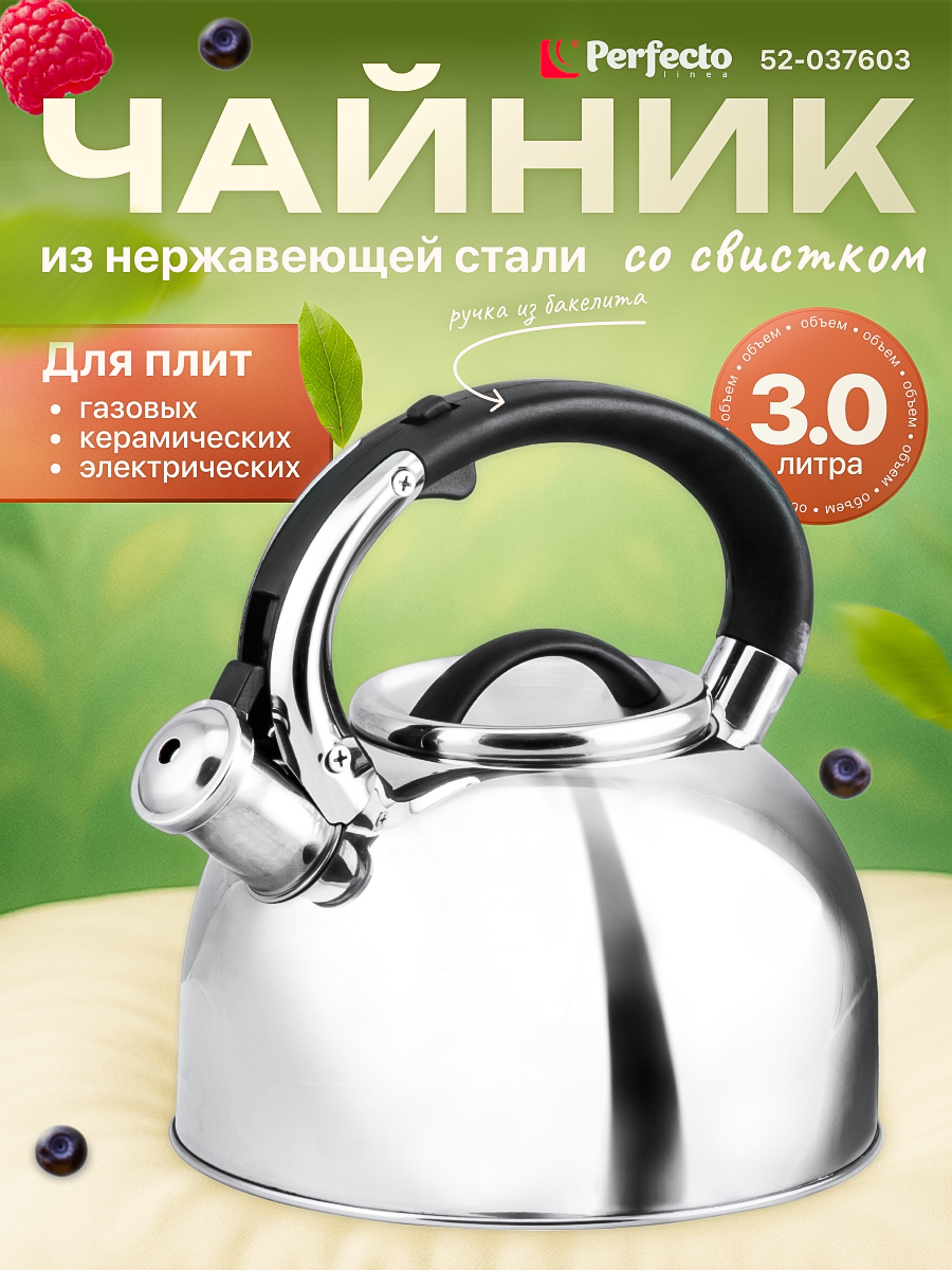 Чайник со свистком из нержавеющей стали на 3 литра, Assam PERFECTO LINEA (52-037603)