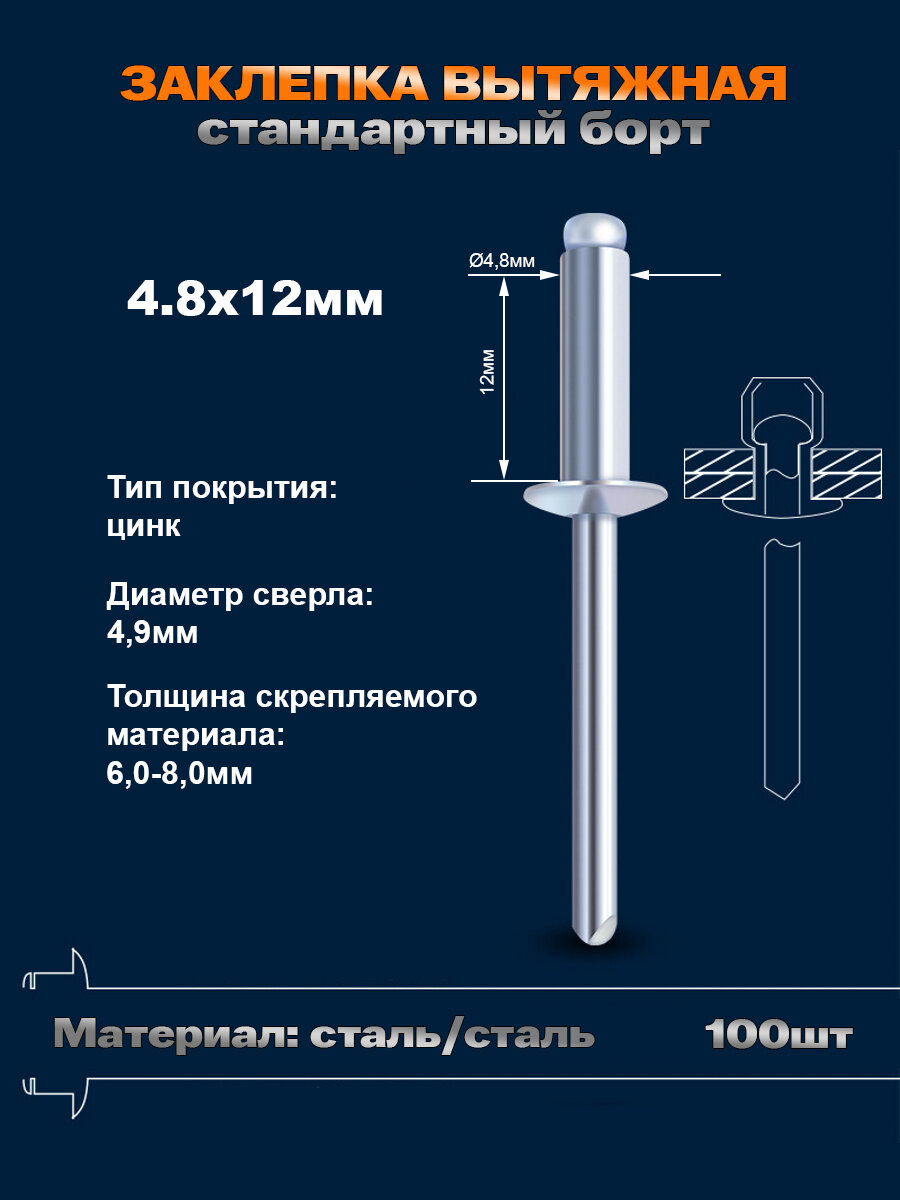 Заклепки вытяжные 4,8х12мм сталь/сталь усиленные 100шт Цвет серебристый