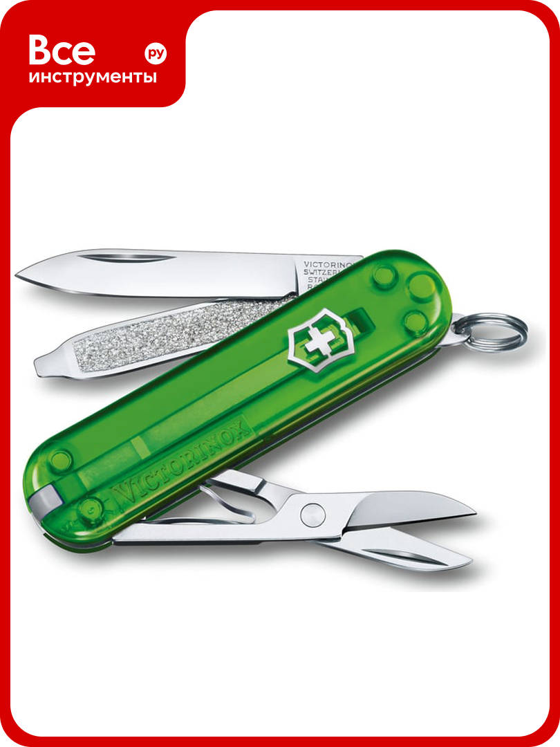 Нож-брелок Victorinox Classic SD Colors Green Tea 58 мм, 7 функций, полупрозрачный, нержавеющей стали