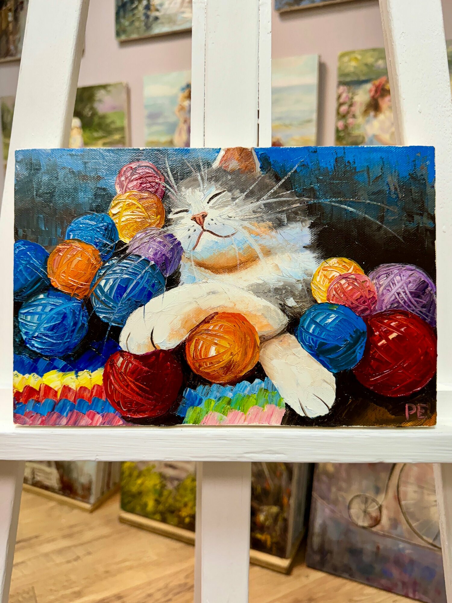 Картина маслом Кот в клубках ниток 20х30 см. 100% ручная работа. Художественная мастерская Грёзы.