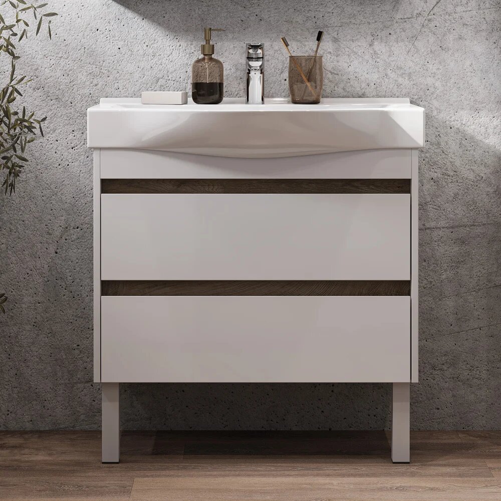 Тумба с раковиной AQUATON Нортон подвесная, 80 см, белая, глянцевая, из МДФ, с ящиками, раковина для ванной фарфоровая, прямоугольная, встроенный слив-перелив