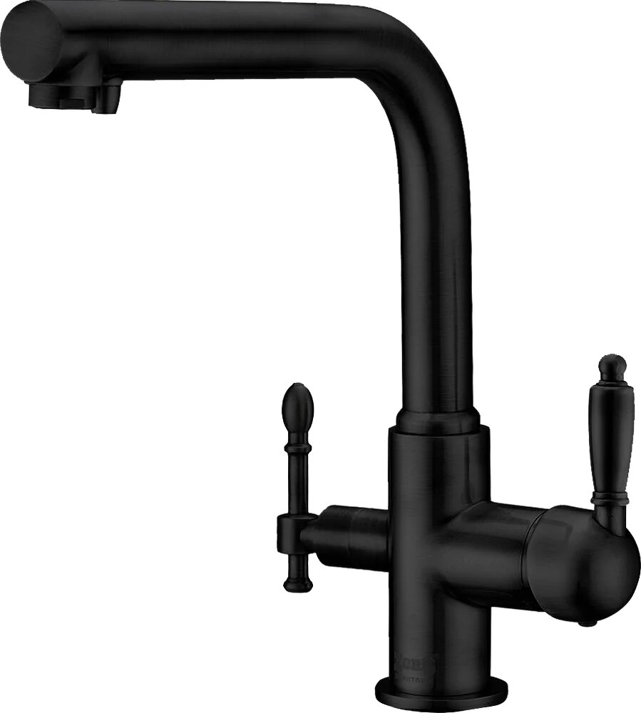 Смеситель для кухни Zorg Sanitary ZR 313 YF-33 BLACK с краном для питьевой воды, с поворотным изливом, черный, матовый, однорычажный, латунный, с керамическим картриджем