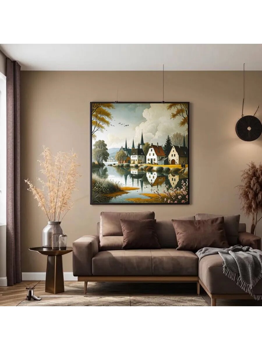 Картина Городок на побережье, дома, озеро, 60*60 см