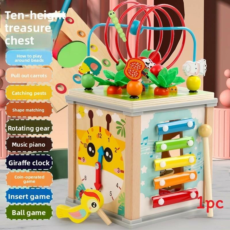 Kids wooden educational toy with shape sorting and number beads for early learning