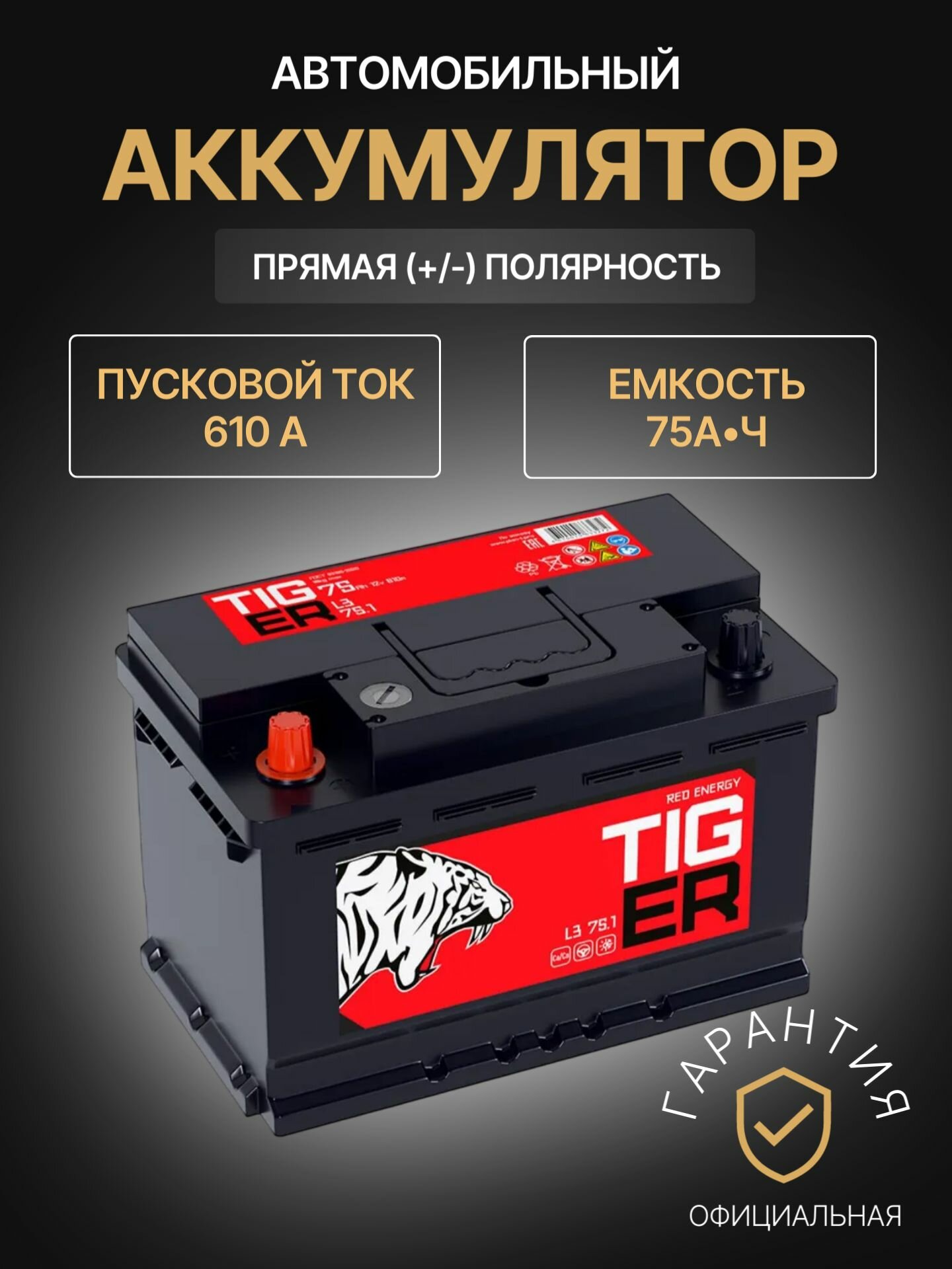 Аккумулятор автомобильный TIGER Red Energy 12В 75Ач 610А, Прямая полярность