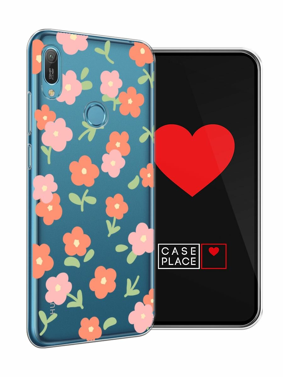 Чехол на Honor 8A/8A Pro/Huawei Y6s/Y6 2019 / Хонор 8А с принтом "Красные цветочки рисунок", прозрачный — фото 1