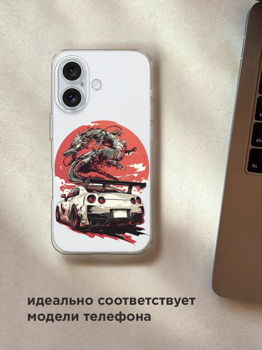 Чехол на Apple iPhone 16 / Айфон 16 с принтом "Car and dragon", прозрачный — фото 1