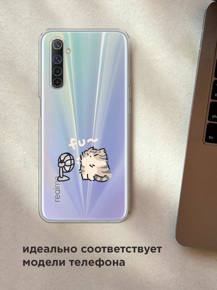 Чехол на Realme 6 / Реалми 6 с принтом "Котик с вентилятором", прозрачный — фото 1