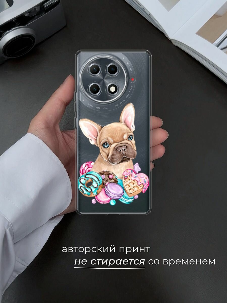 Чехол на Tecno Camon 30S Pro / Текно Камон 30S Про с принтом "Бульдог и сладости", прозрачный — фото 1
