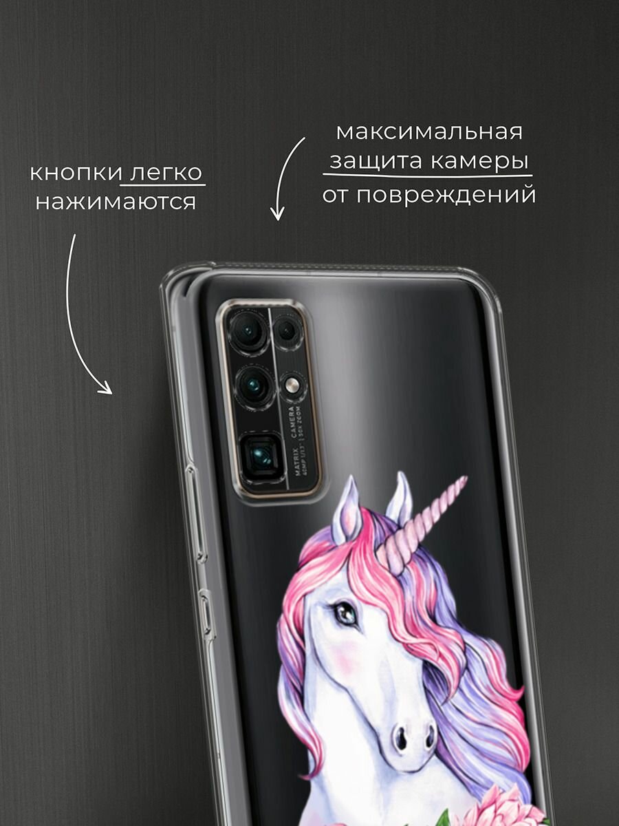 Чехол на Honor 30 / Хонор 30 с принтом "Единорог с пионами", прозрачный — фото 1