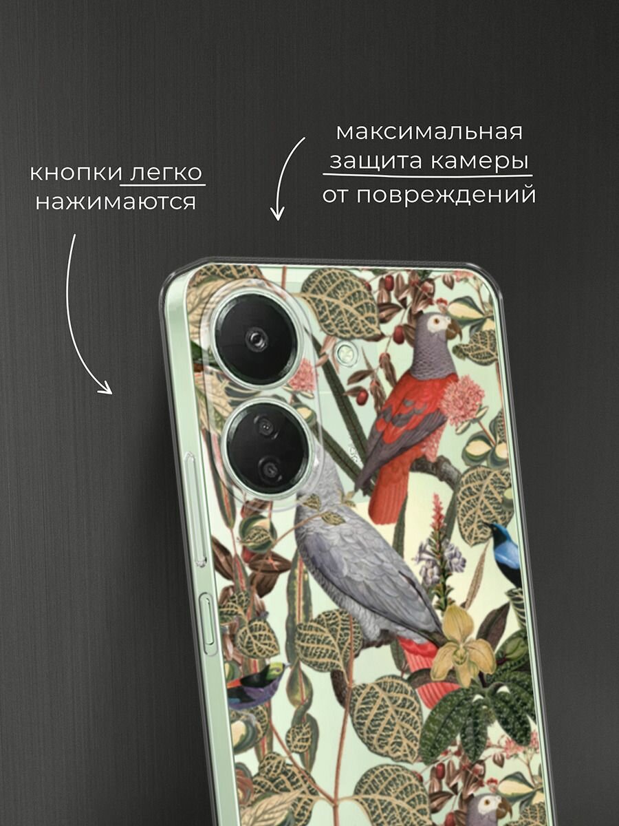 Чехол на Xiaomi Redmi 13C/Poco C65 / Сяоми Редми 13C/Поко С65 с принтом "Tropical pattern", прозрачный — фото 1