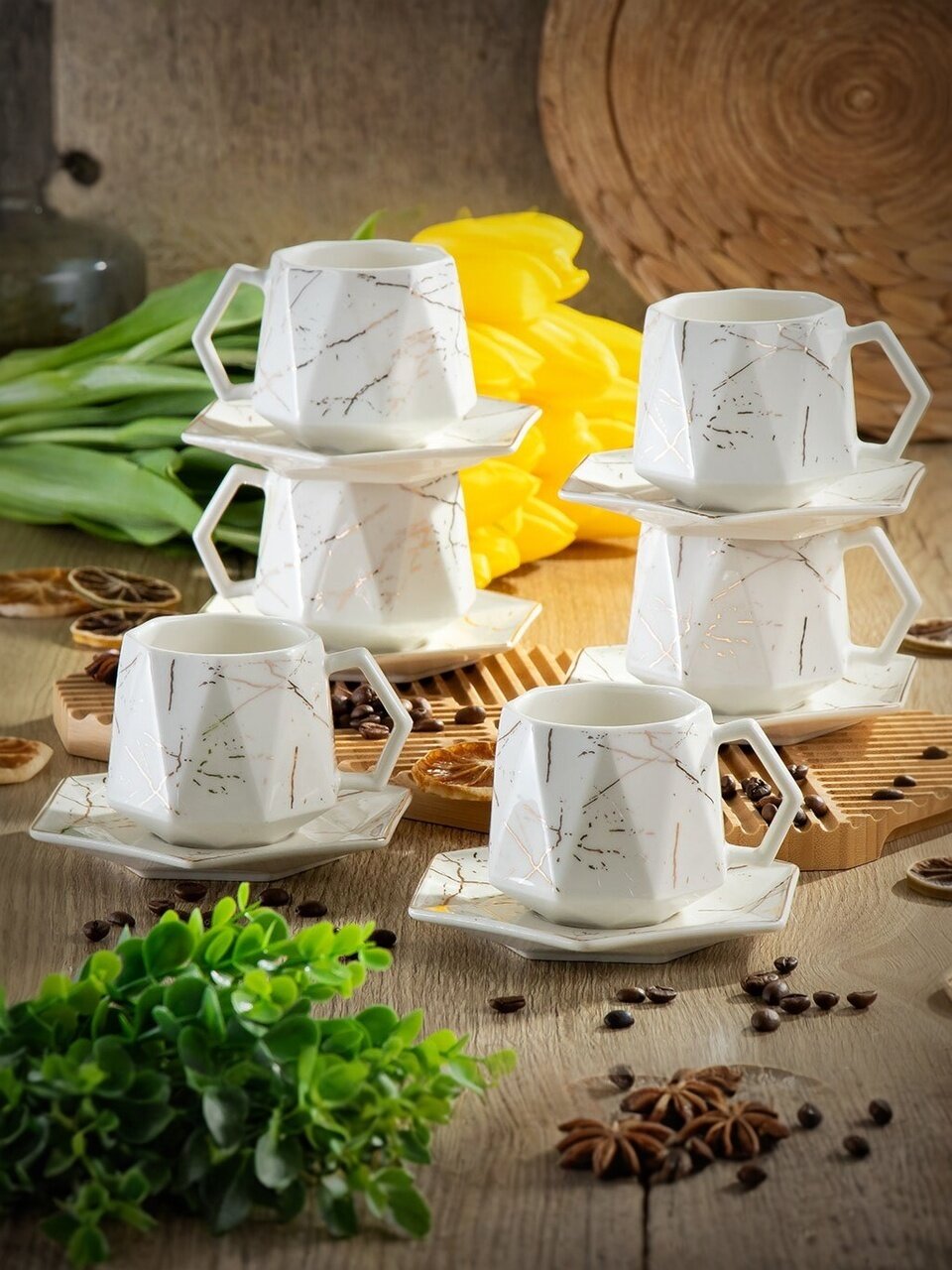 Набор чайный керамика, 12 предметов, на 6 персон, 180 мл, Белый мрамор, Y4-6605, подарочная упаковка